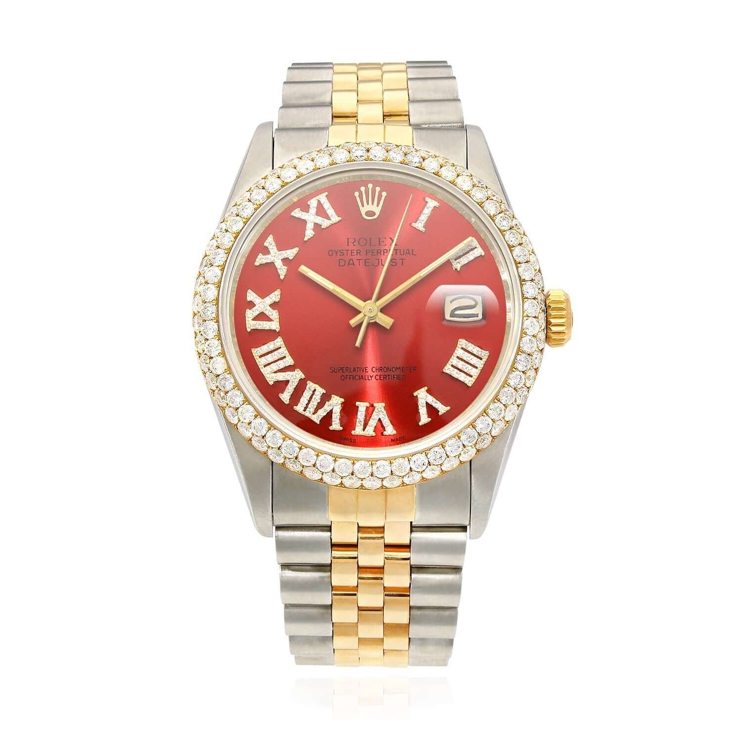 Rolex Datejust Jubilee Band Custom Diamond Bezel Ruby Red Dial 36mm Wa ...