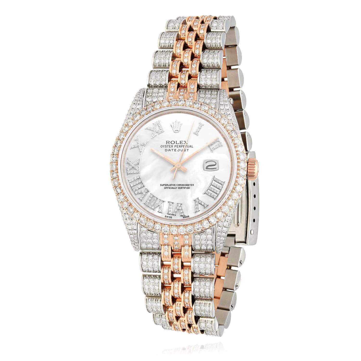 Rolex Datejust 12CTW Real Diamond Stainless Steel White Rose Pearl Wat ...