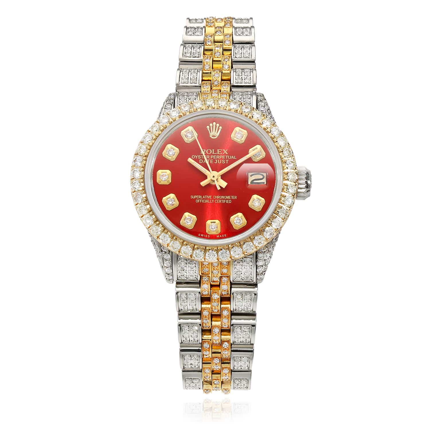 Rolex Datejust Custom Pave Jubilee Band Diamond Bezel Red Ruby Dial 26 ...