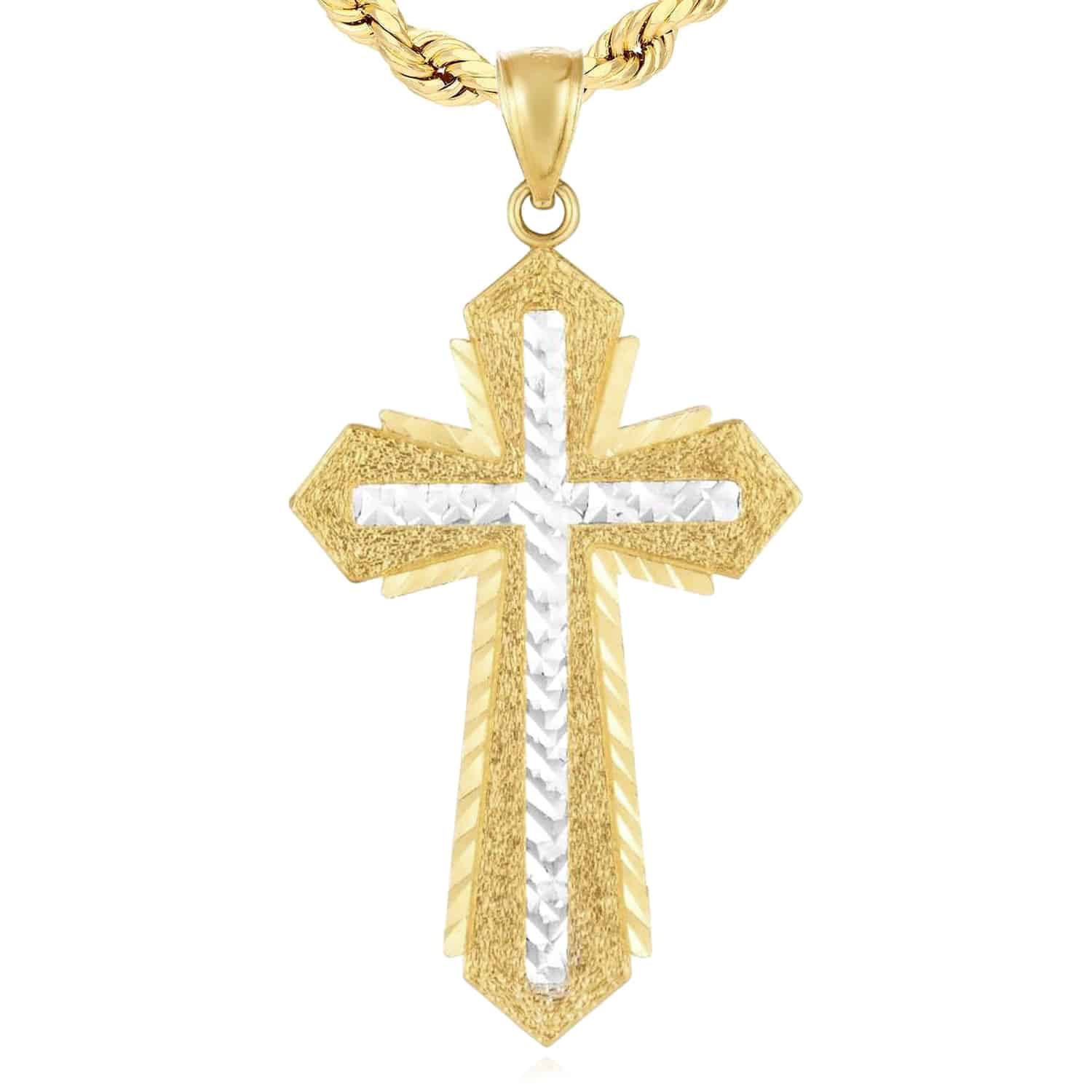 14K Real Gold Two-Tone Yellow White Three-Layer Cross Pendant 1.6 ...